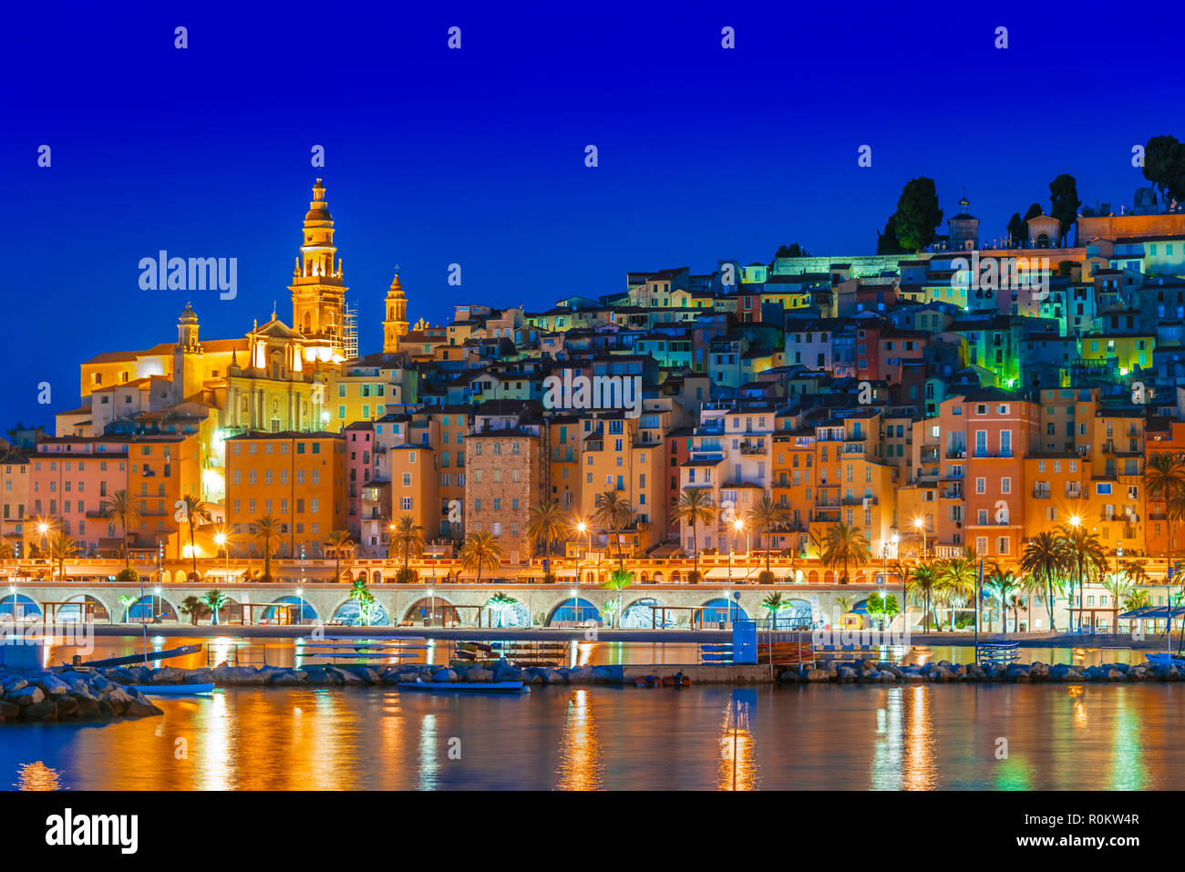 Old town architecture of Menton on French Riviera by night Stock Photo ...