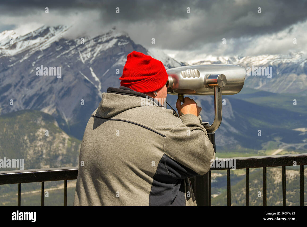 BANFF, AB, CANADA - JUNE 2018: Person on the lookout point on the top ...