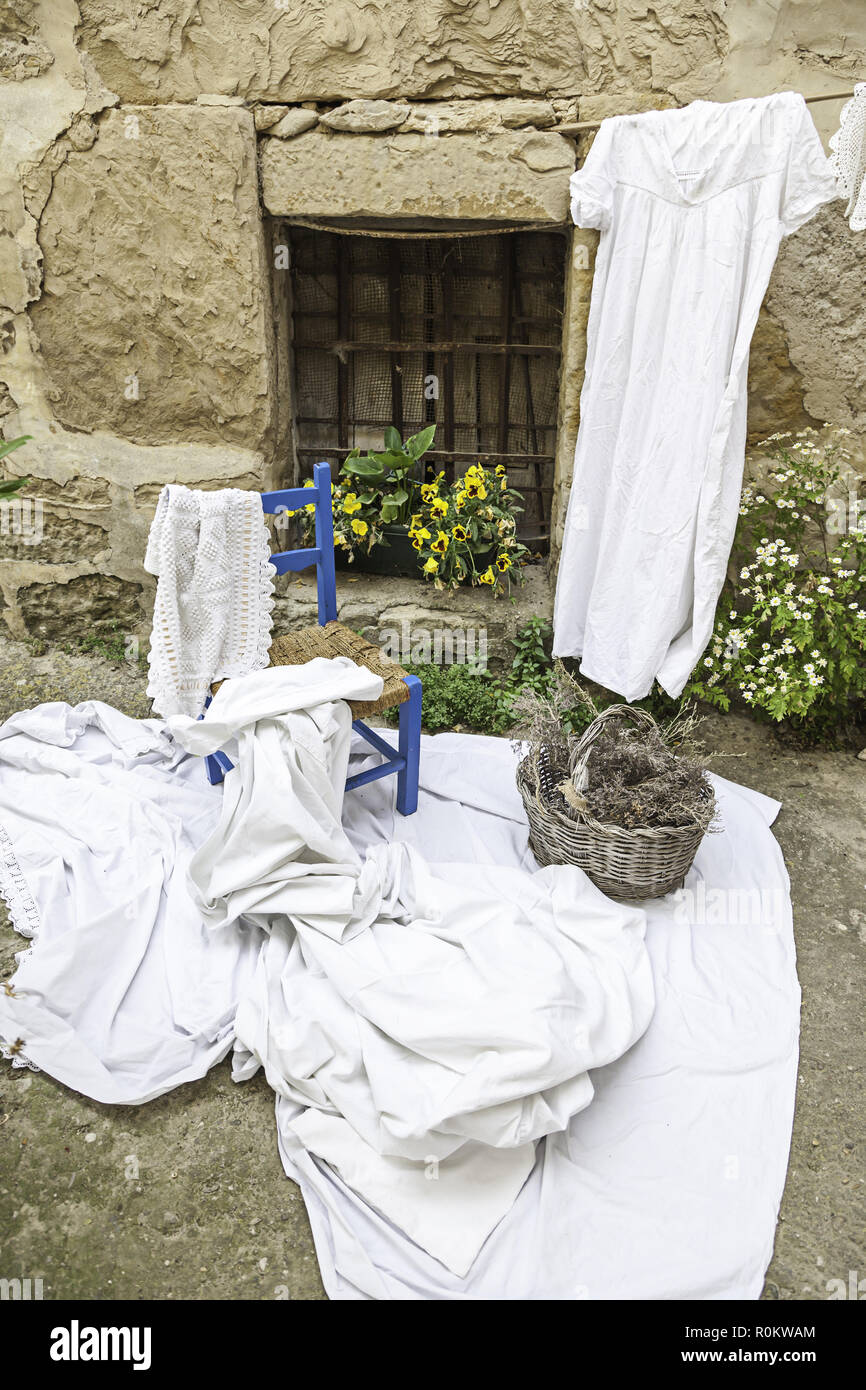 Old rural scene, detail of an old scene in a village in Spain, chair ...