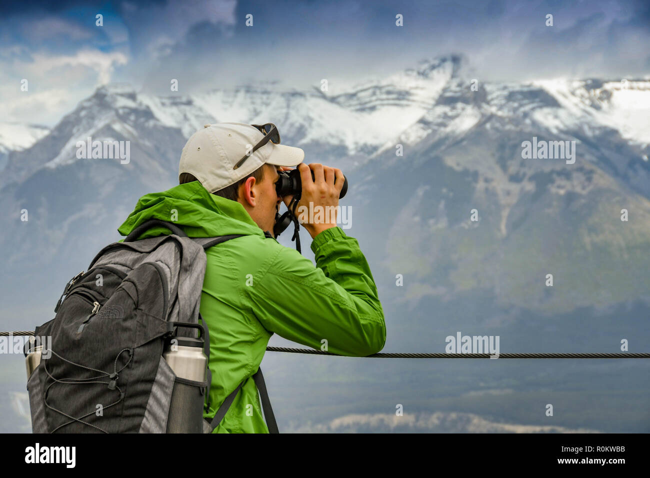 BANFF, AB, CANADA - JUNE 2018: Person on the lookout point on the top ...