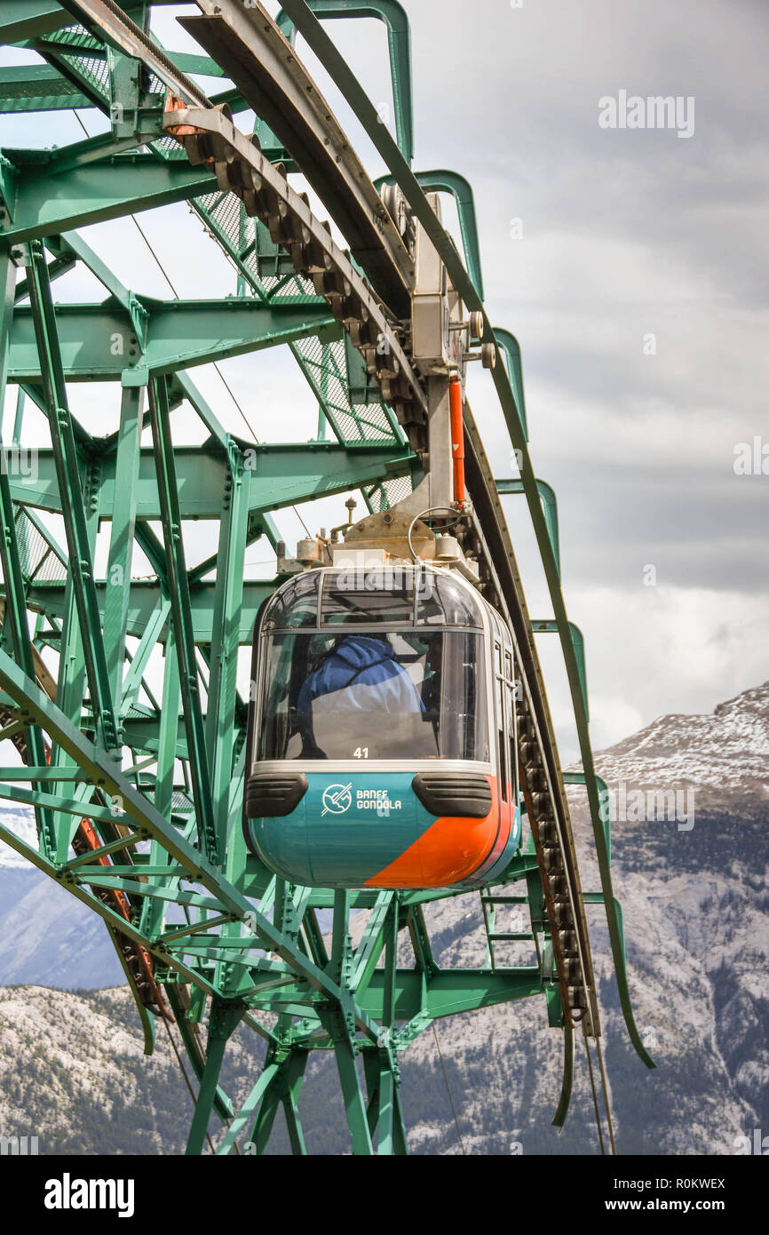 BANFF, AB, CANADA - JUNE 2018: A cable car gondola approaching the ...