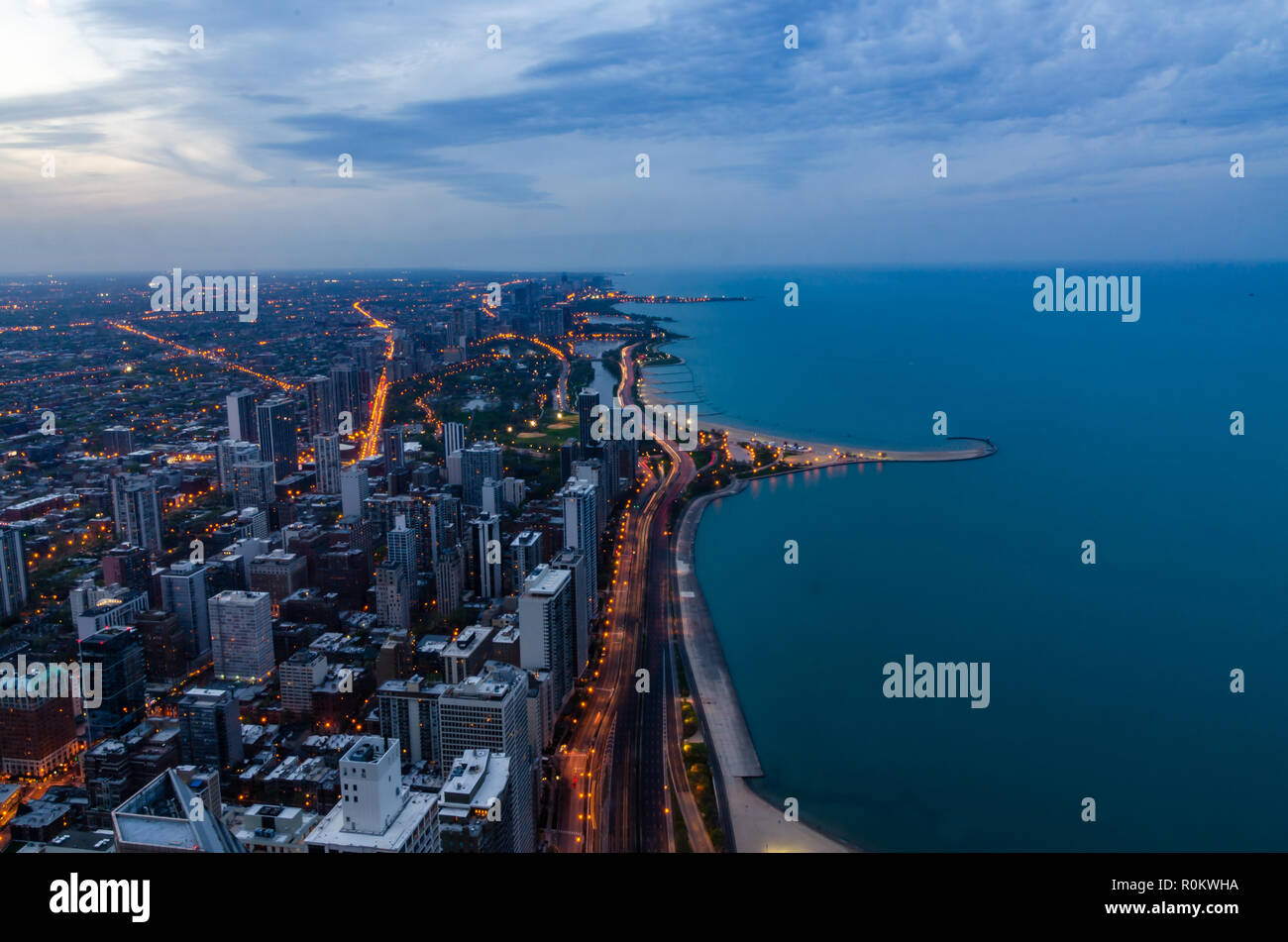 Chicago skyline at dusk top view Stock Photo - Alamy