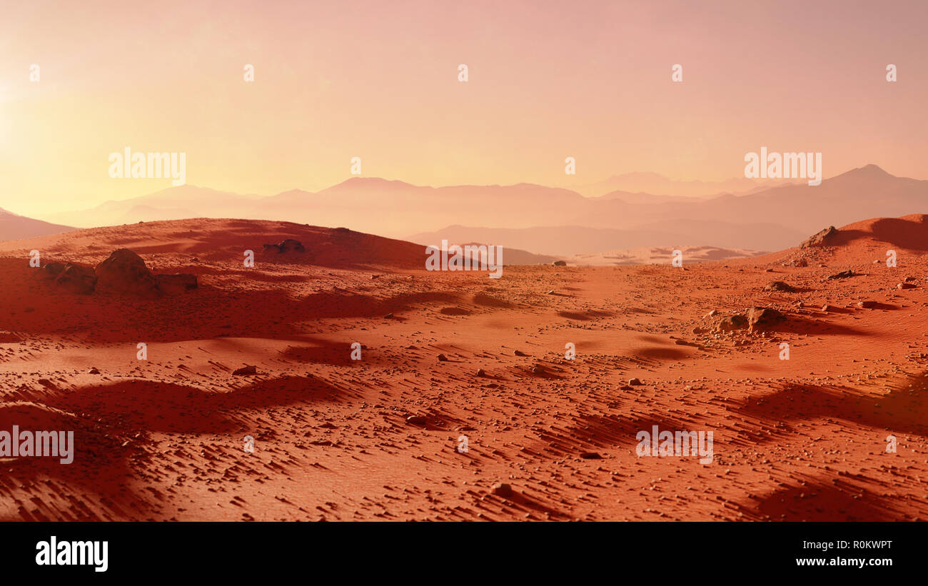 landscape on planet Mars, scenic desert scene on the red planet (3d ...