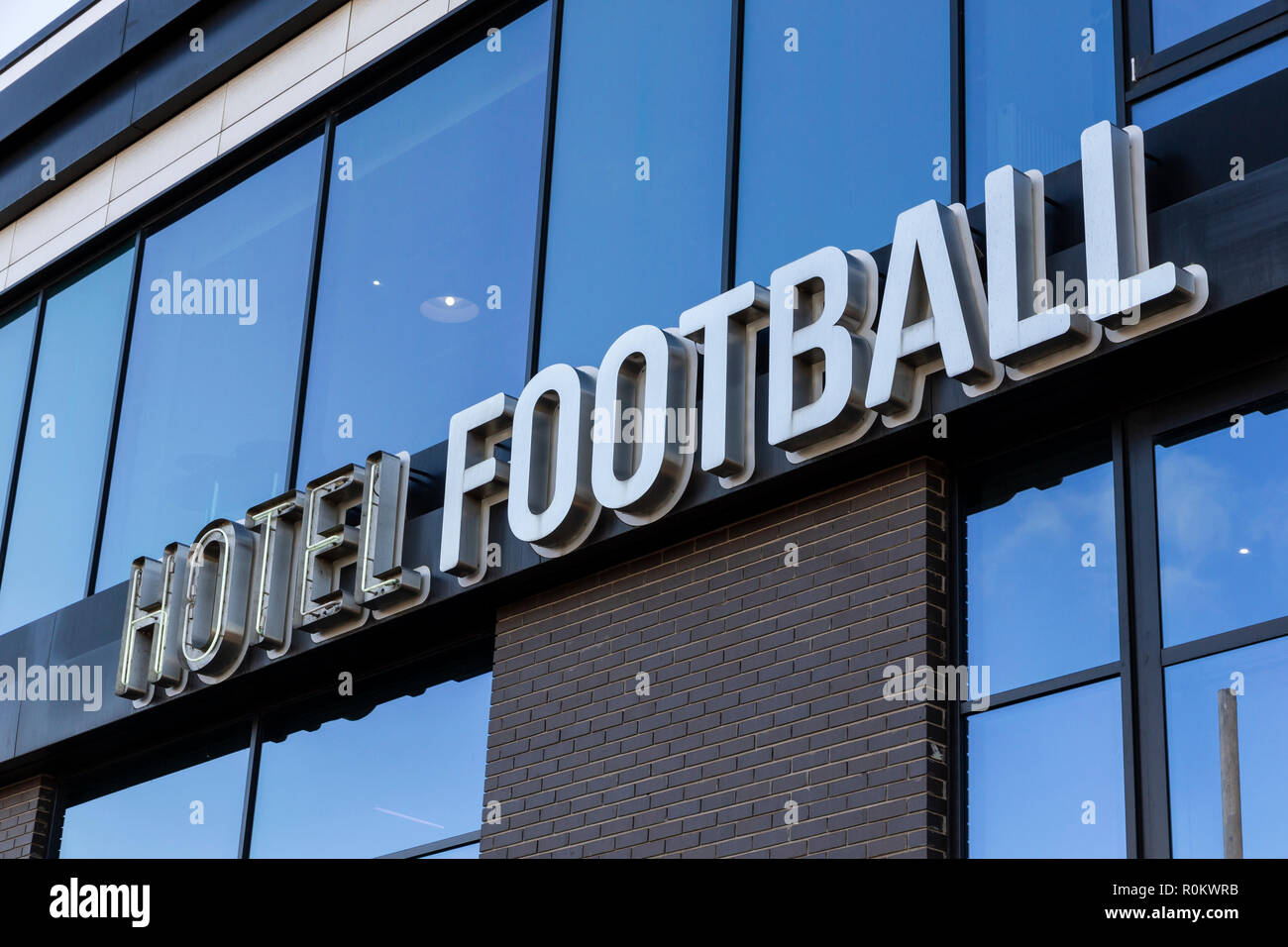 Sign on the Hotel Football building near Old Trafford in Manchester ...