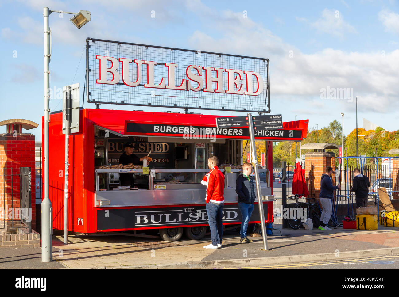 Bullshed food stall outside Old Trafford Football Stadium on match day ...