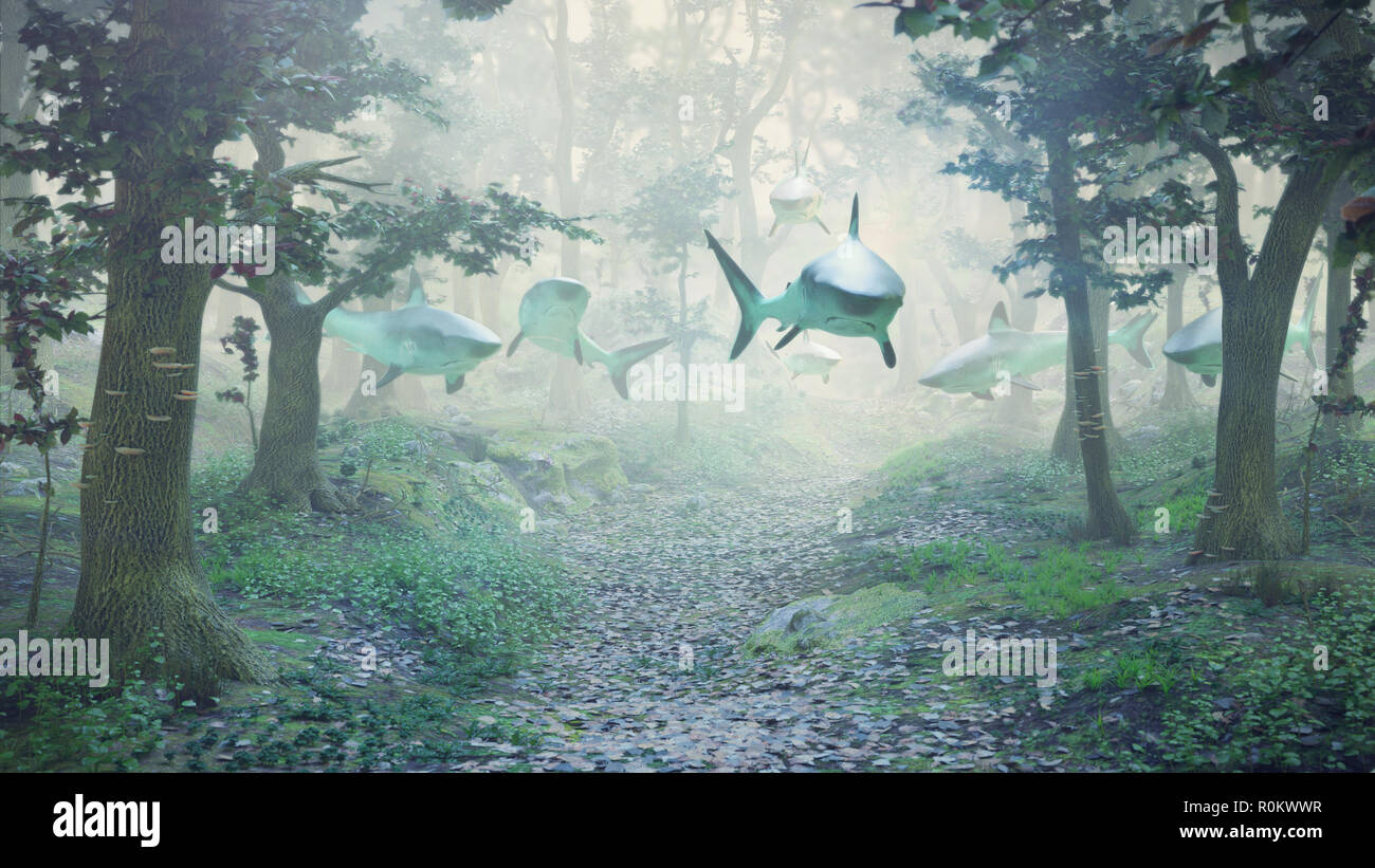 sharks swimming in forest, group of sharks flying in foggy fantasy ...