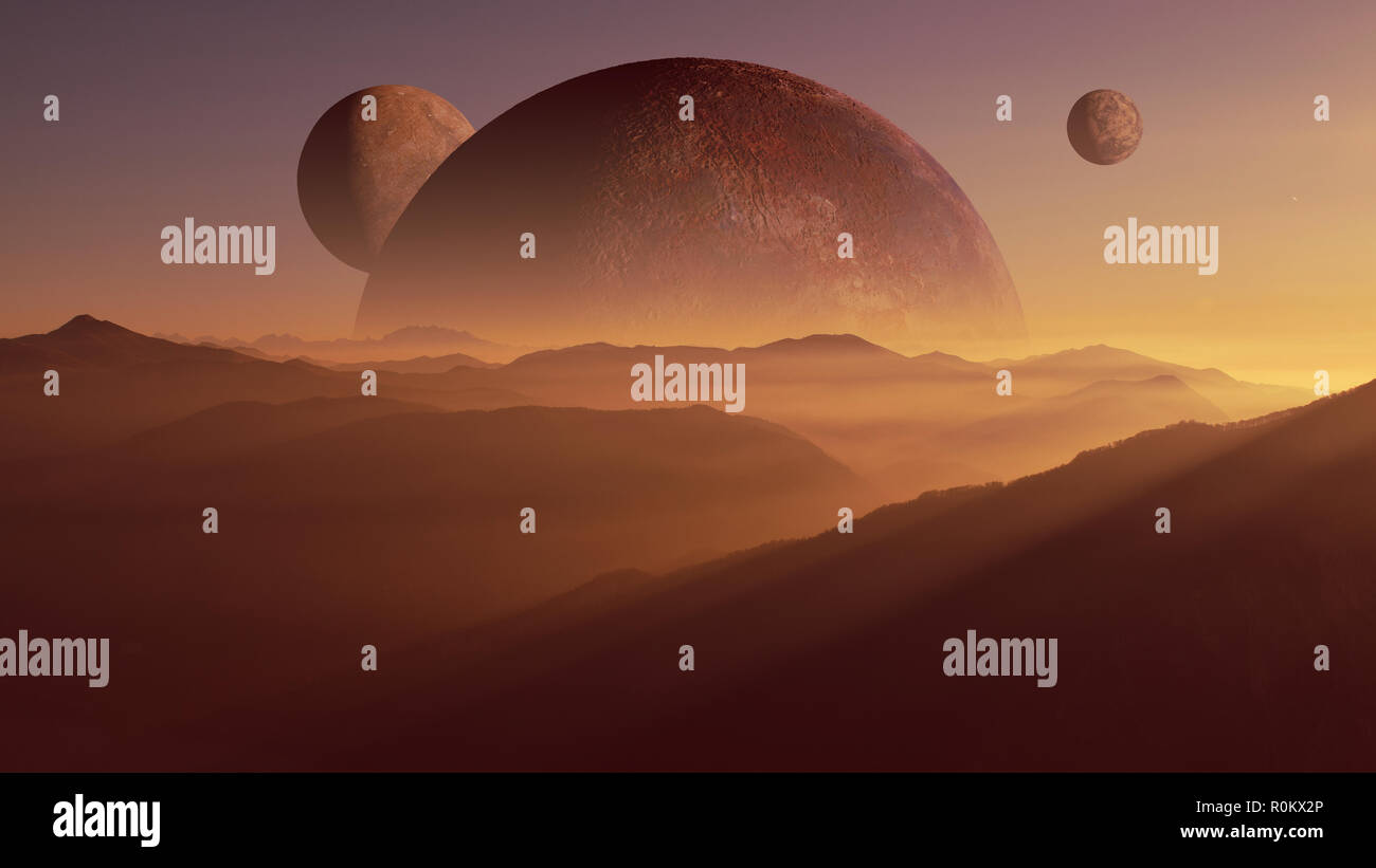 beautiful scenery on an alien world with multiple planets in the sky ...