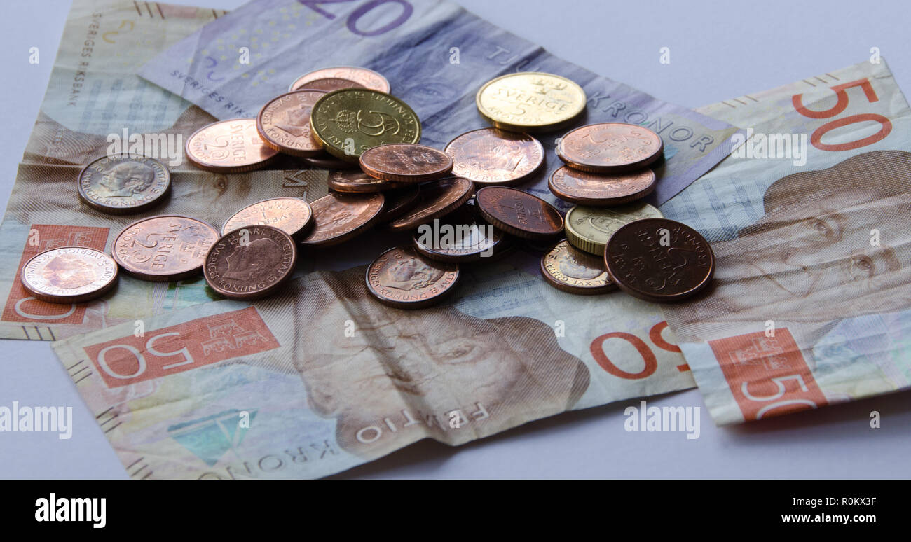 Stockholm, Sweden - 1 september 2018. Swedish currency, new bills and ...