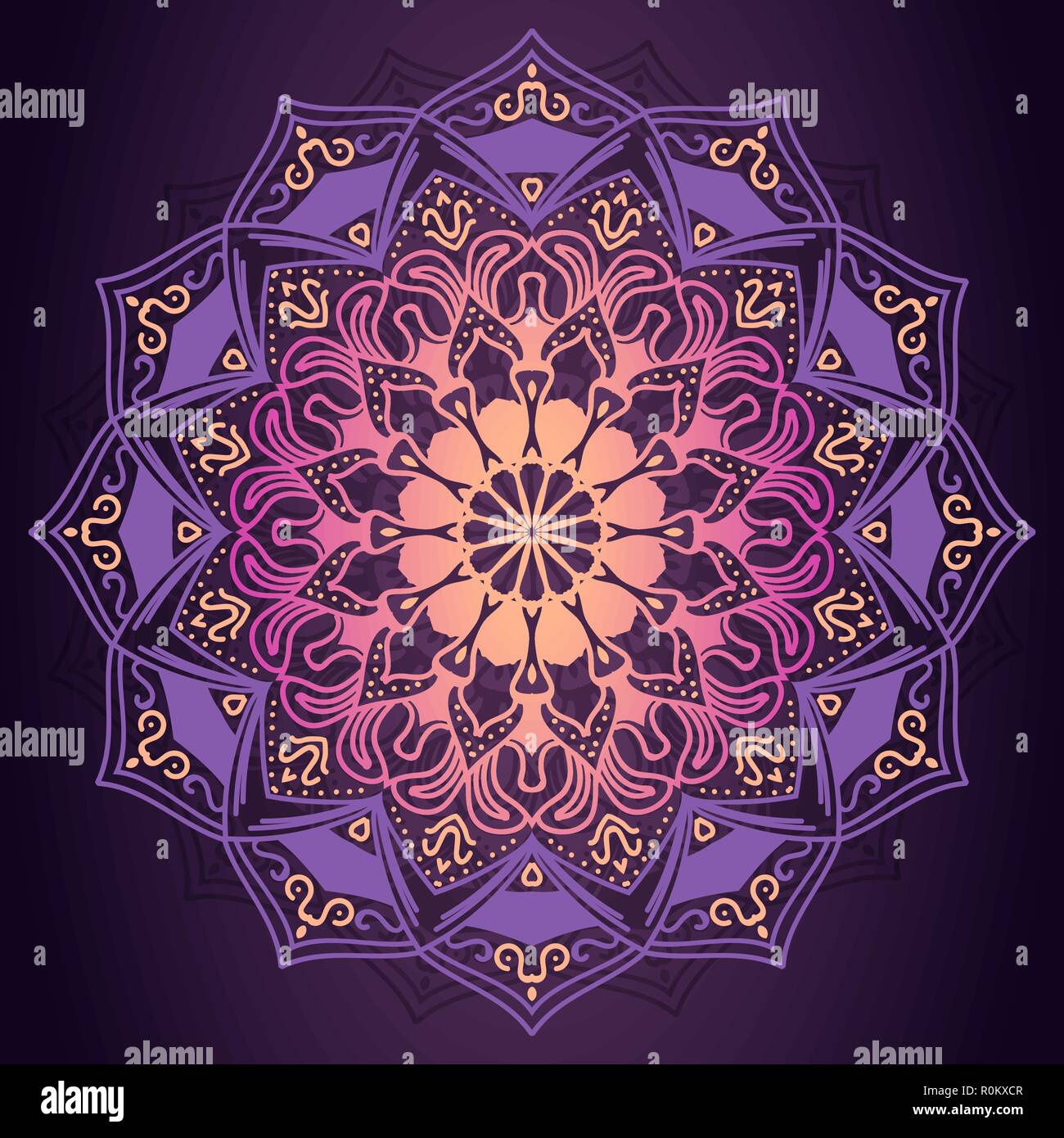 Purple mandala ornamental pattern in dark background. Decorative and ...