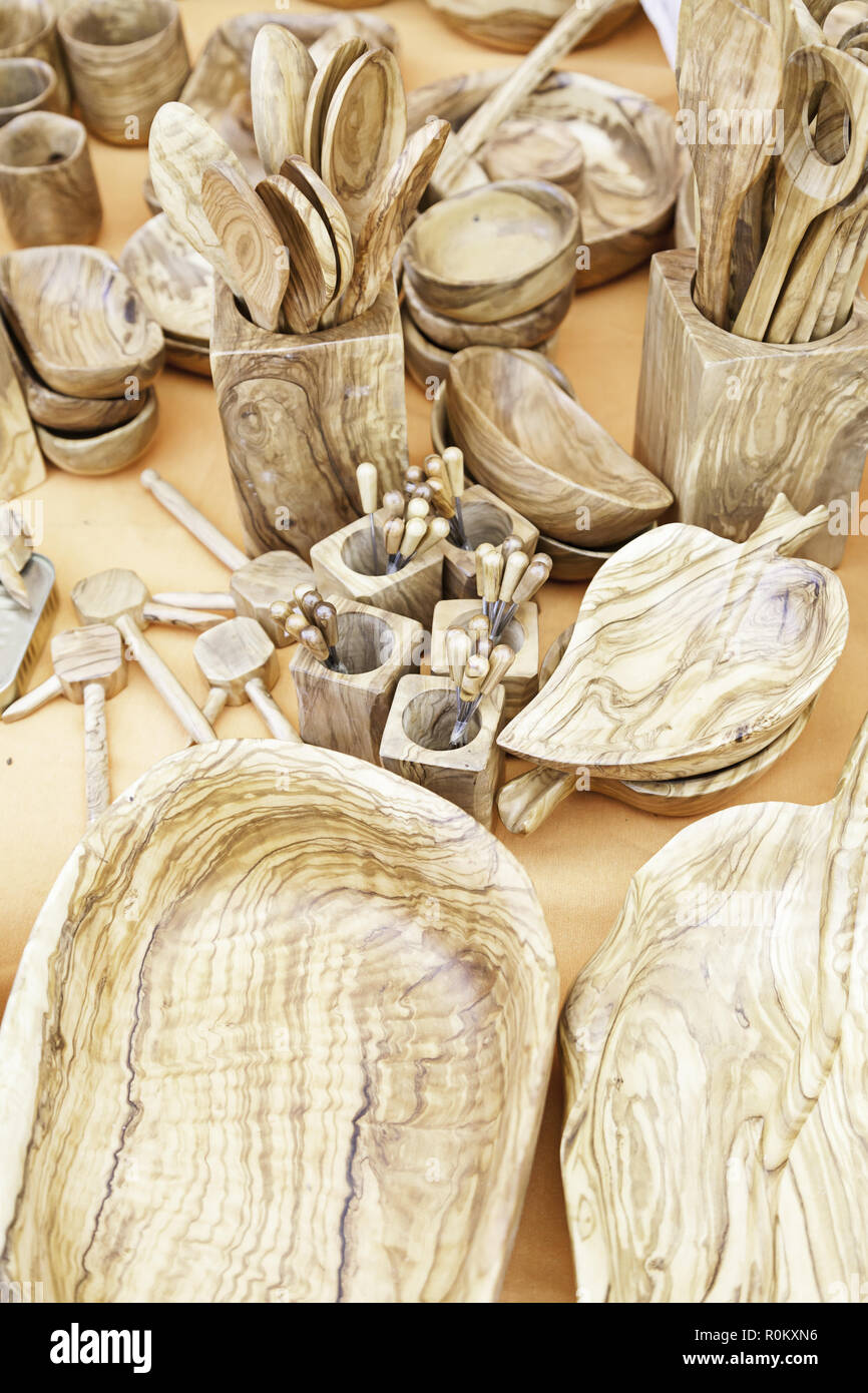 Olive wood objects, detail of handmade tools wood, wood carving Stock ...