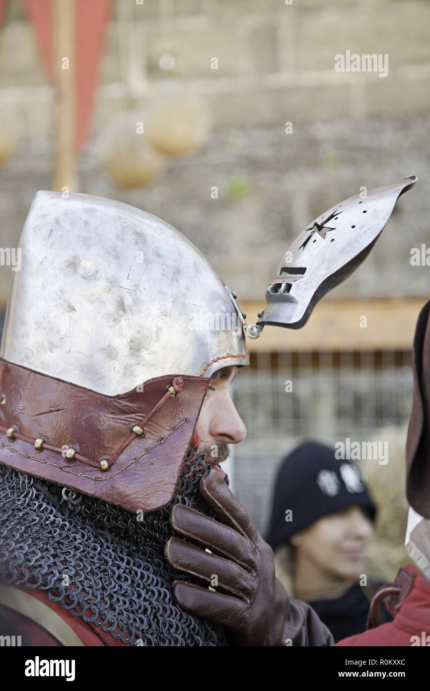 Medieval knight helmet, detail of a historic medieval recreation, war ...