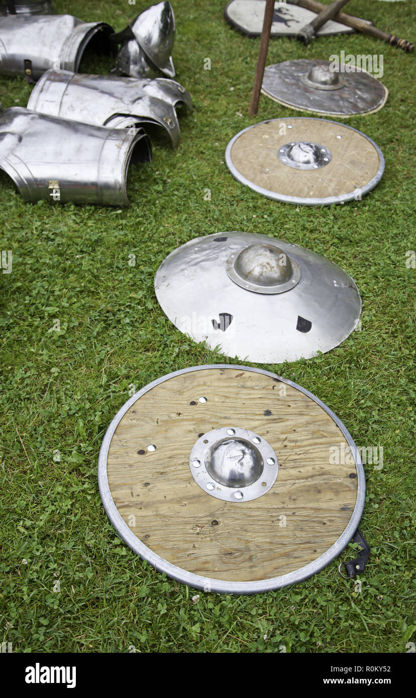 Old medieval shields, detail of part of ancient armor, preparation for ...