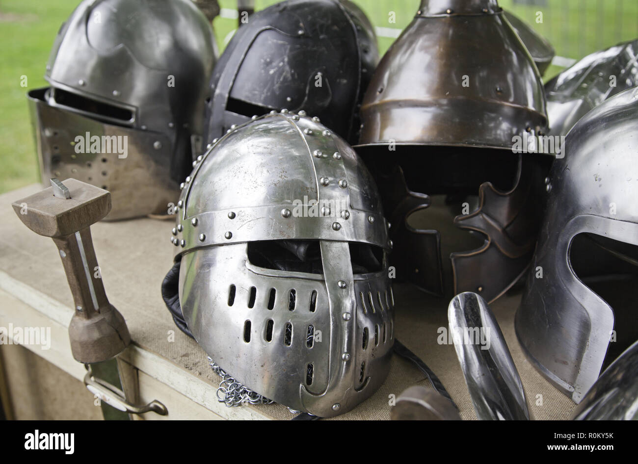 Old medieval helmets, detail of some ancient medieval armor, protection ...