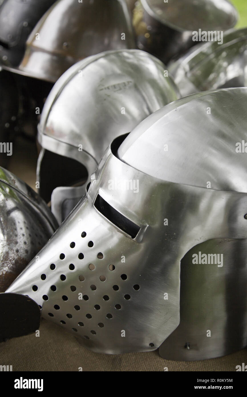 Medieval Helmets, detail of a ancient metal armor of medieval warfare ...
