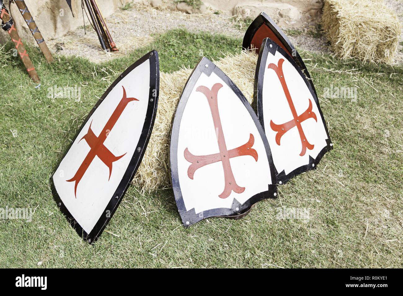 Old medieval shields, detail of old tool, war and protection ...