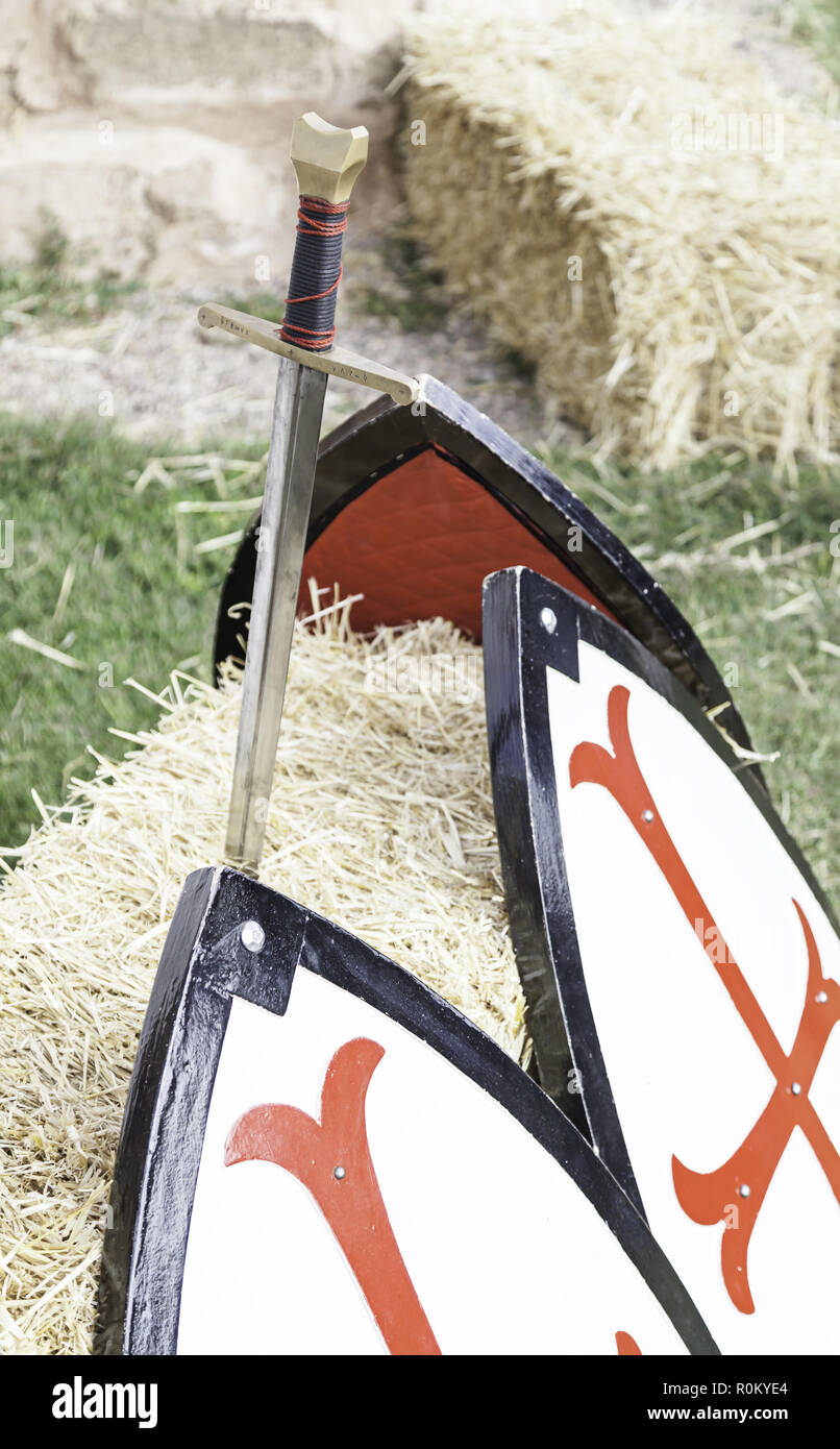 Old medieval shields, detail of old tool, war and protection ...