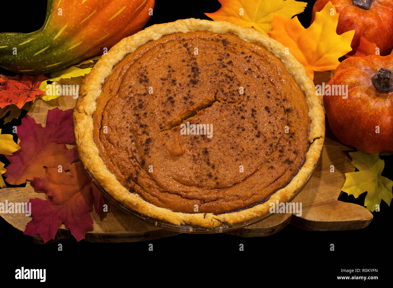 Fresh baked pumpkin pie. It is a dessert pie with a spiced, pumpkin ...