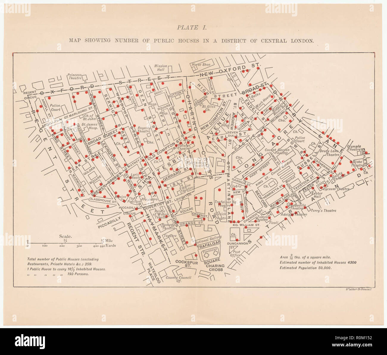 1899 map showing number of public houses in a district of central ...
