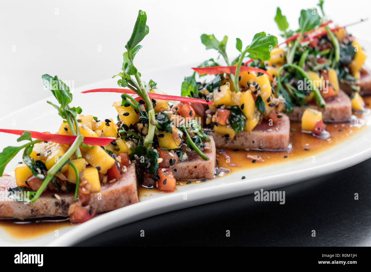 braised tuna and spicy sweet soy mango modern asian fusion gourmet ...
