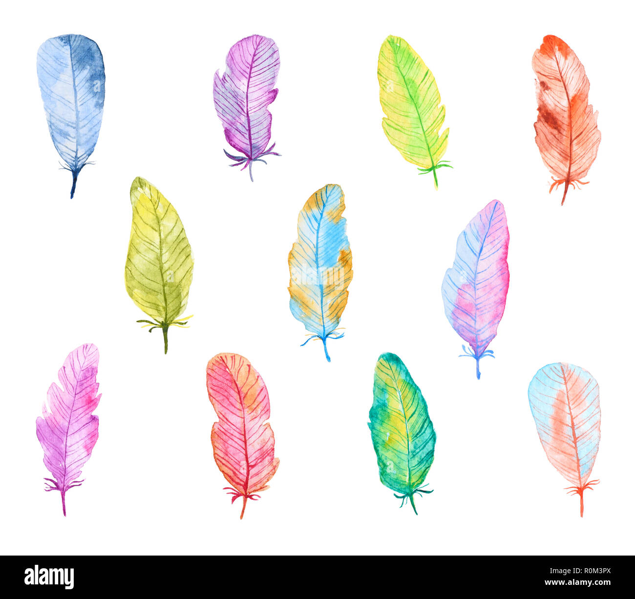 Set of Colorful Watercolor Feathers. Hand Drawn and Painted. Isolated ...
