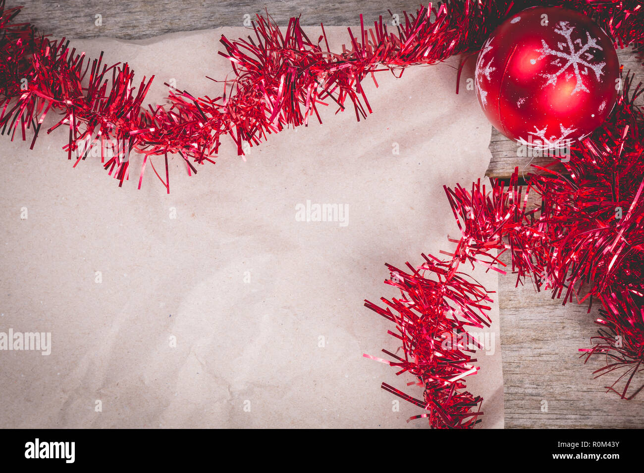 happy christmas concept with red decoration on old wooden board and ...