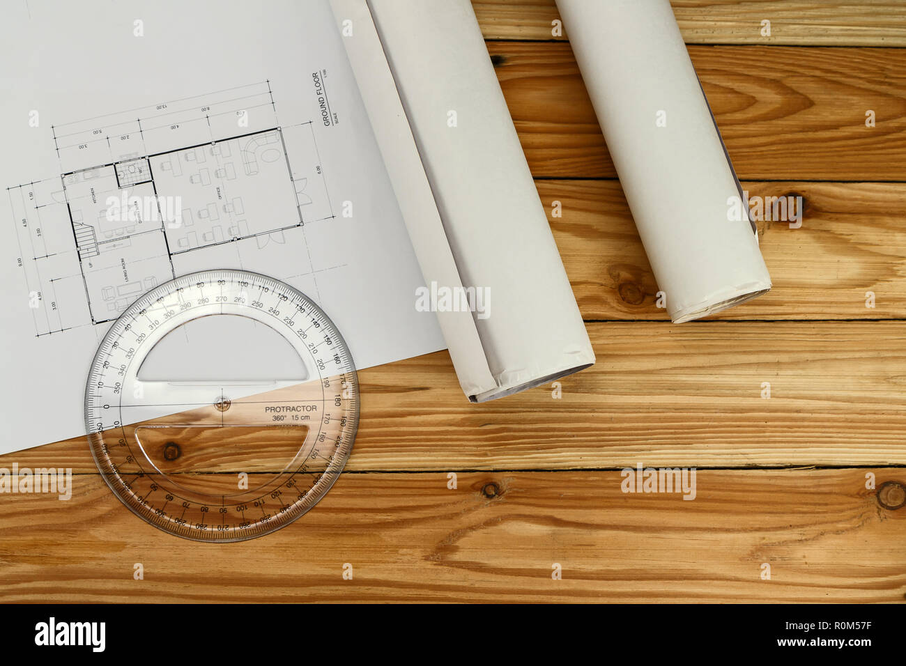 Measurement tool, Protractor on blueprint, architectural concept Stock ...
