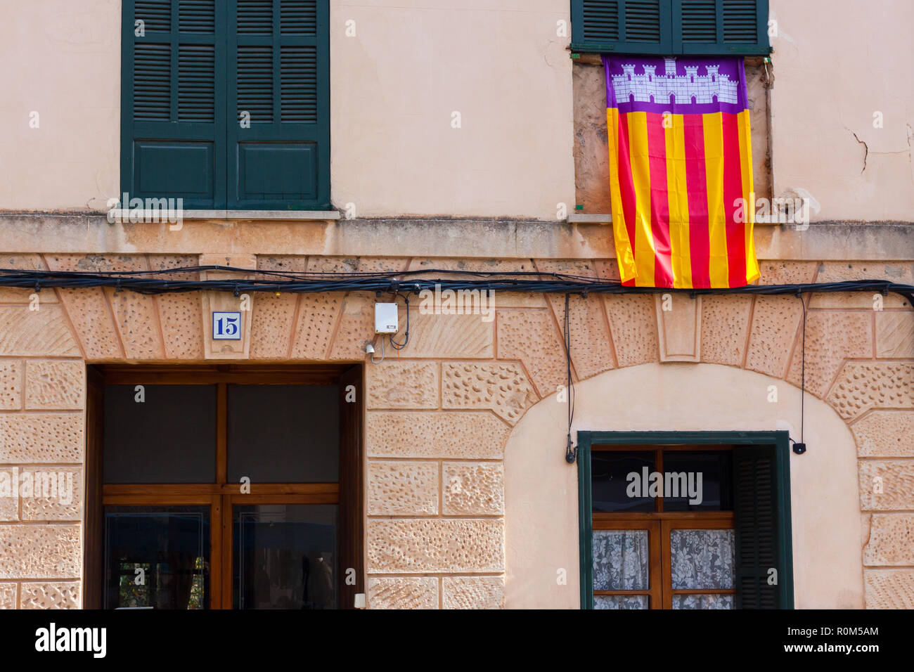 Mallorca flag in front of the house in Esporles, Mallorca, Spain Stock ...