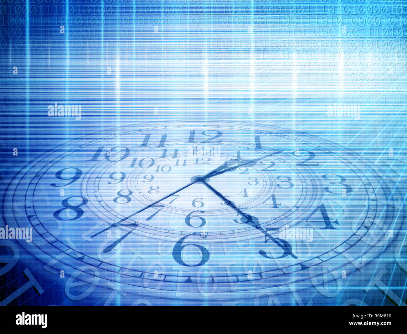 conceptual technology and time image of binary code with clock and abstract lights Stock Photo ...