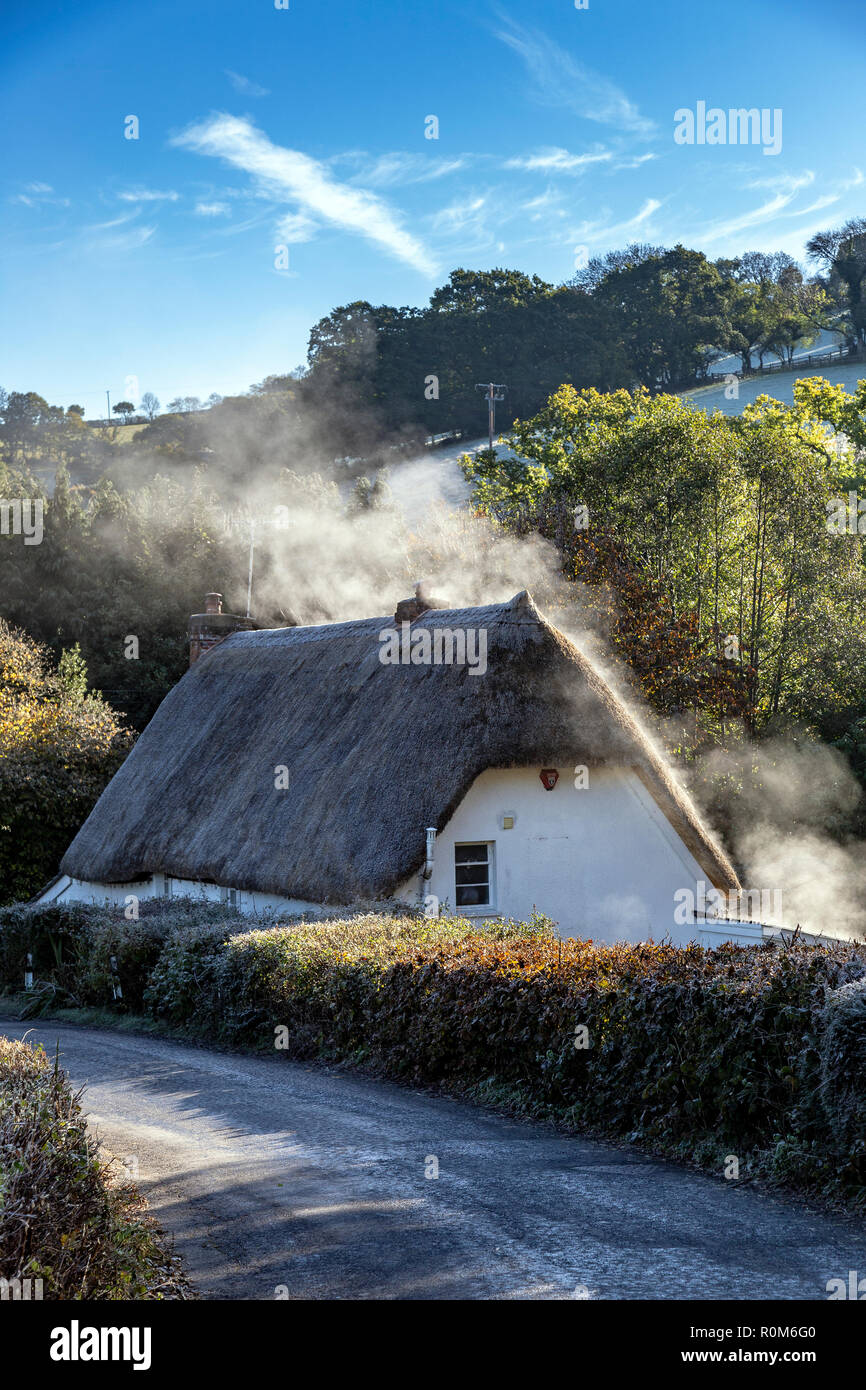 Heat rises from thatch of cottage Dartmoor National Park,humidity ...