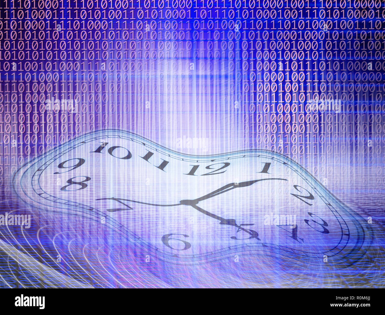 conceptual technology and time image of binary code with clock and abstract lights Stock Photo ...