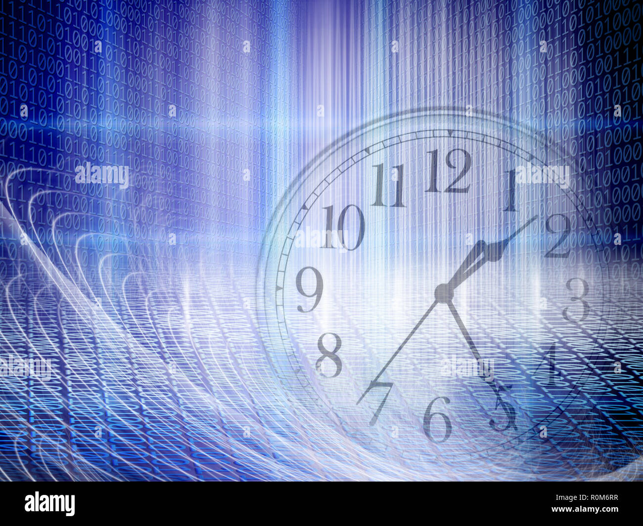 conceptual technology and time image of binary code with clock and abstract lights Stock Photo ...