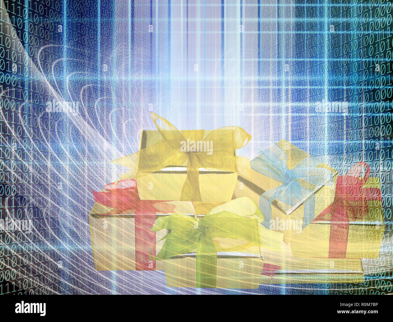 conceptual internet business illustration of binary code and shiny gift ...