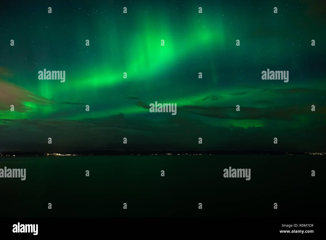 Green northern lights above Trondheimsfjorden in Ranheim, Trondheim ...