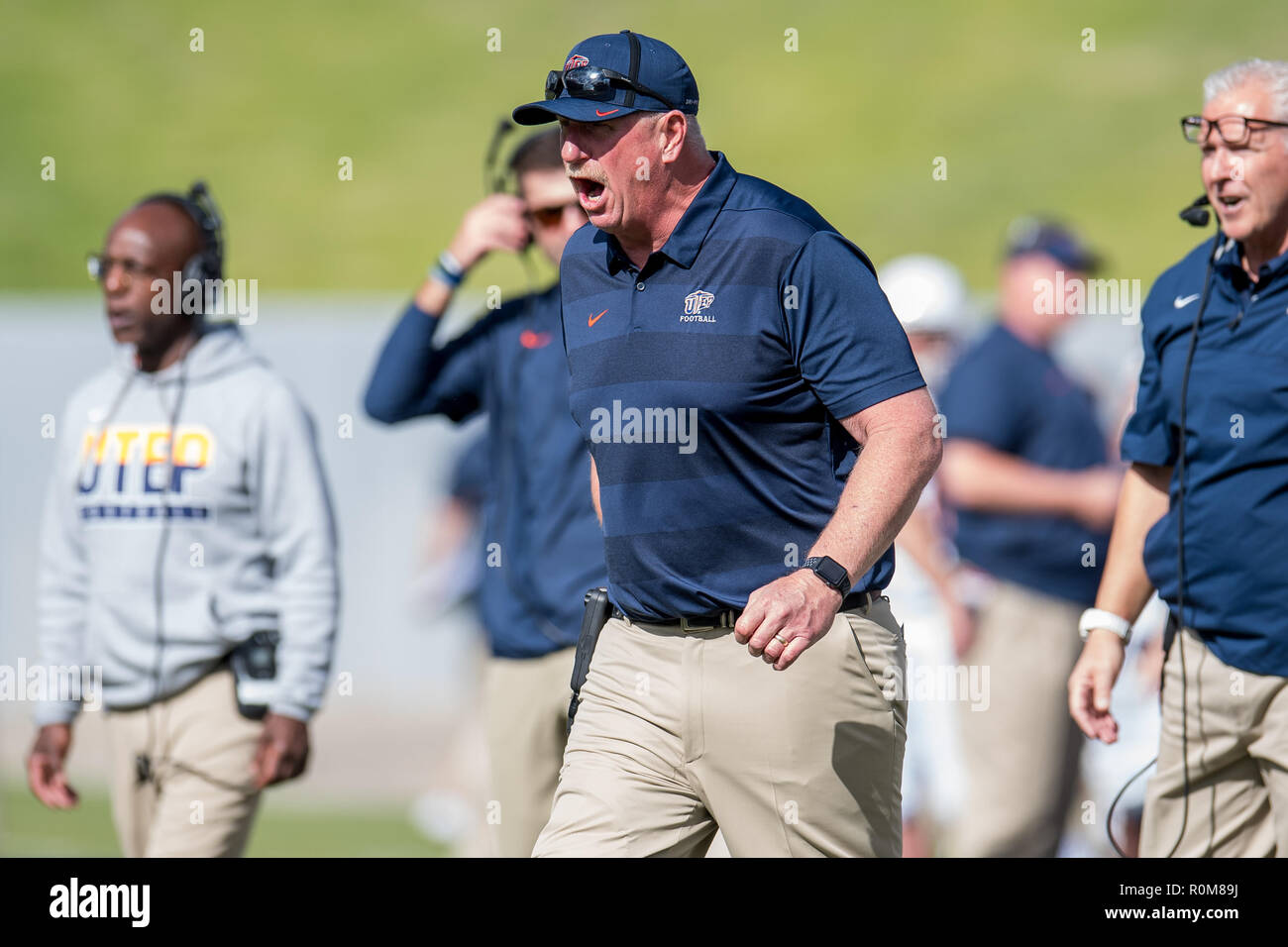 Houston, TX, USA. 3rd Nov, 2018. UTEP Miners offensive line coach Mike ...