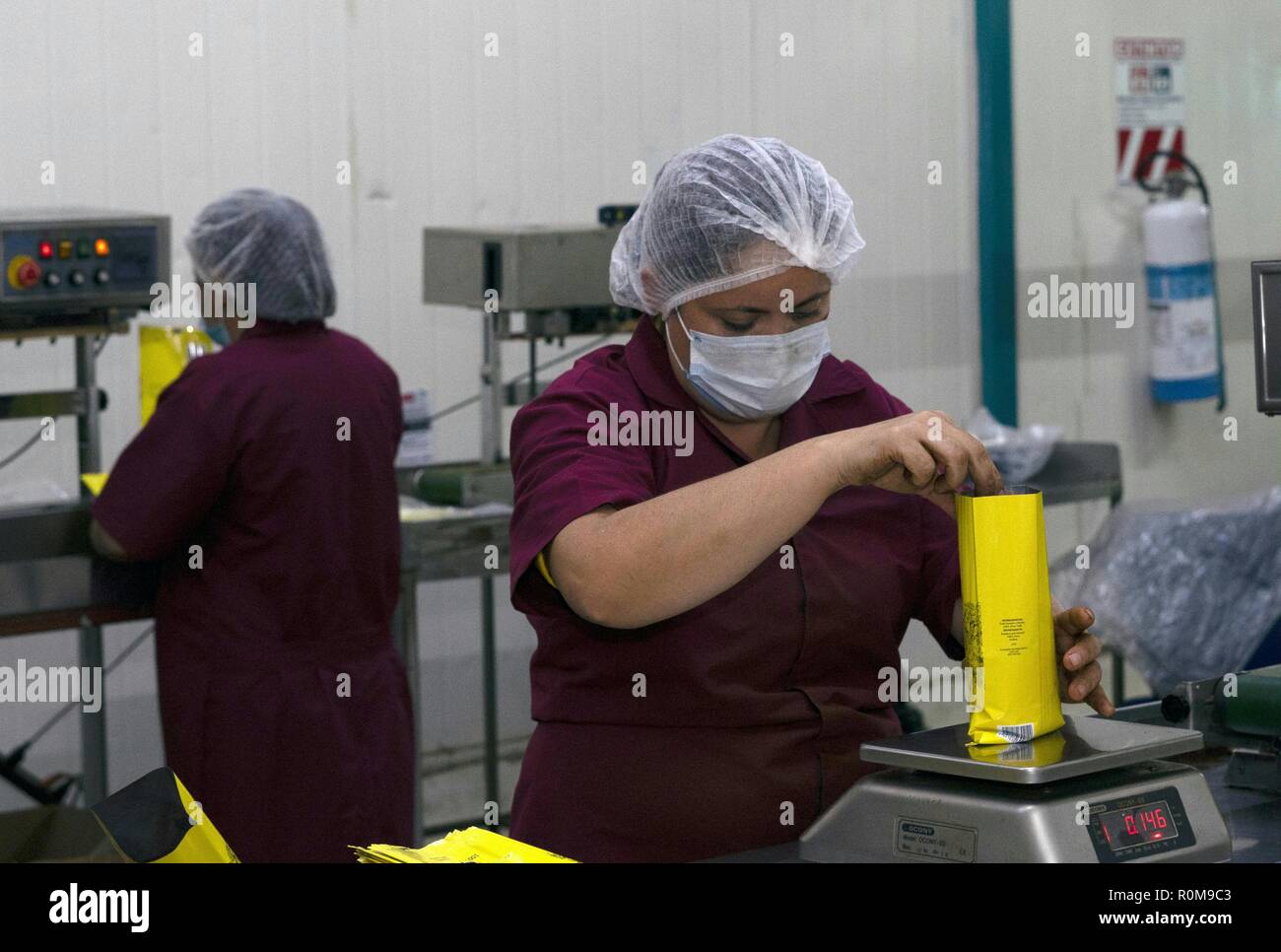 (181106) -- GRECIA, Nov. 6, 2018 (Xinhua) -- A worker weighs coffee ...