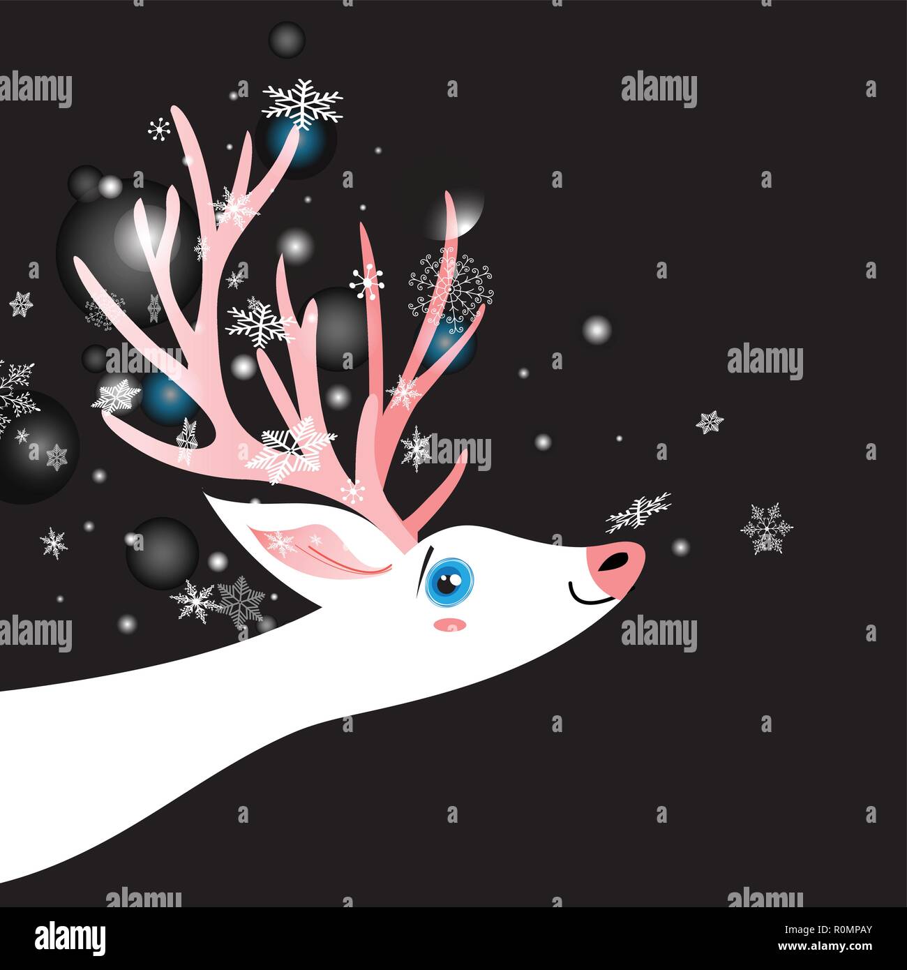 Bright winter New Year postcard with a white deer on a dark background ...
