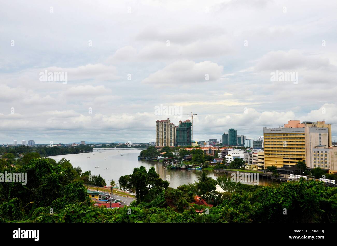 Skyline buildings with Sarawak River of Kuching Sarawak Borneo East ...