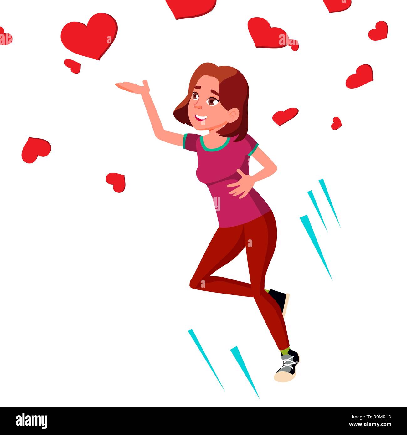 Teen Girl Catching Flying Hearts Vector. Isolated Illustration Stock ...