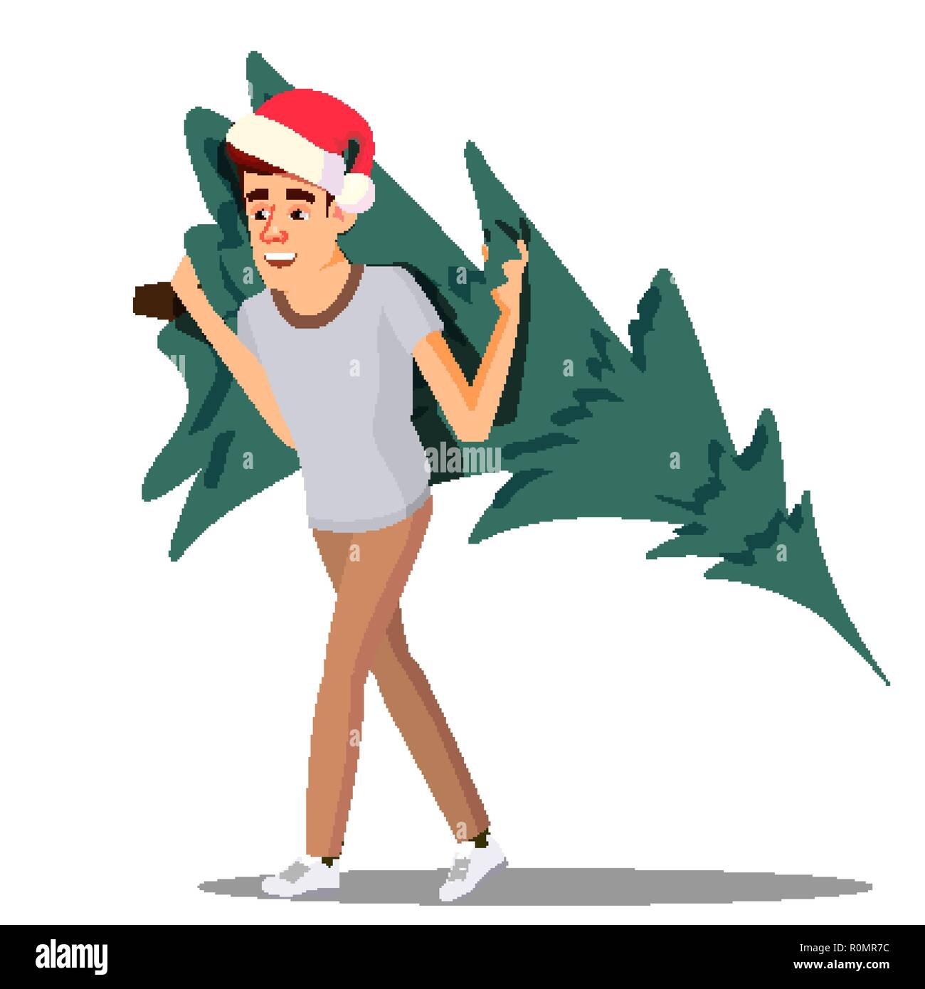 Happy Man Carrying A Christmas Tree On His Shoulder Vector ...