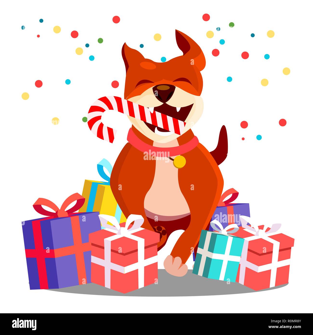 Happy Dog With Christmas Candy In Teeth Among Scattered Gifts Vector ...