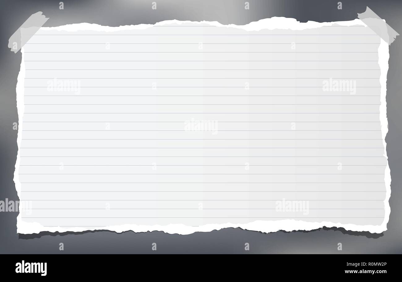 White lined note, notebook paper strip with torn edges stuck on dark ...
