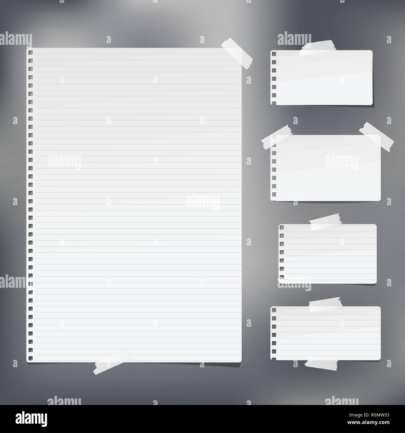 White lined note, notebook paper strips stuck on dark grey background ...