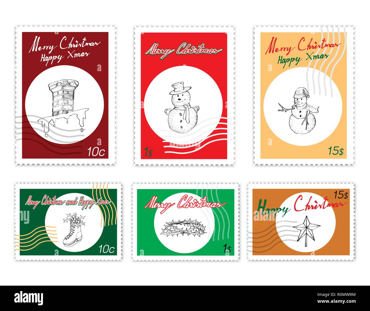 Merry Xmas, Post Stamps Set of Illustration Hand Drawn Sketch of Crown ...