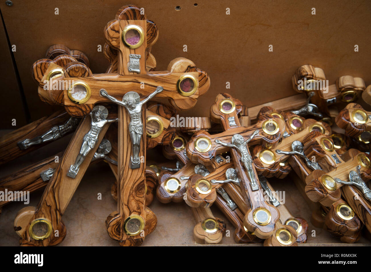 Palestine, Bethlehem. Olive wood souvenirs - Jesus on the cross Stock ...