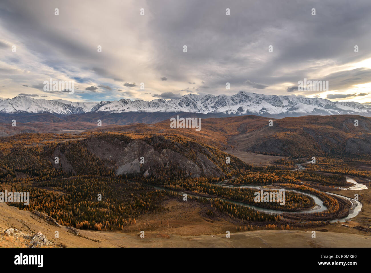 Amazing autumn top view on the of the valley with a winding river ...