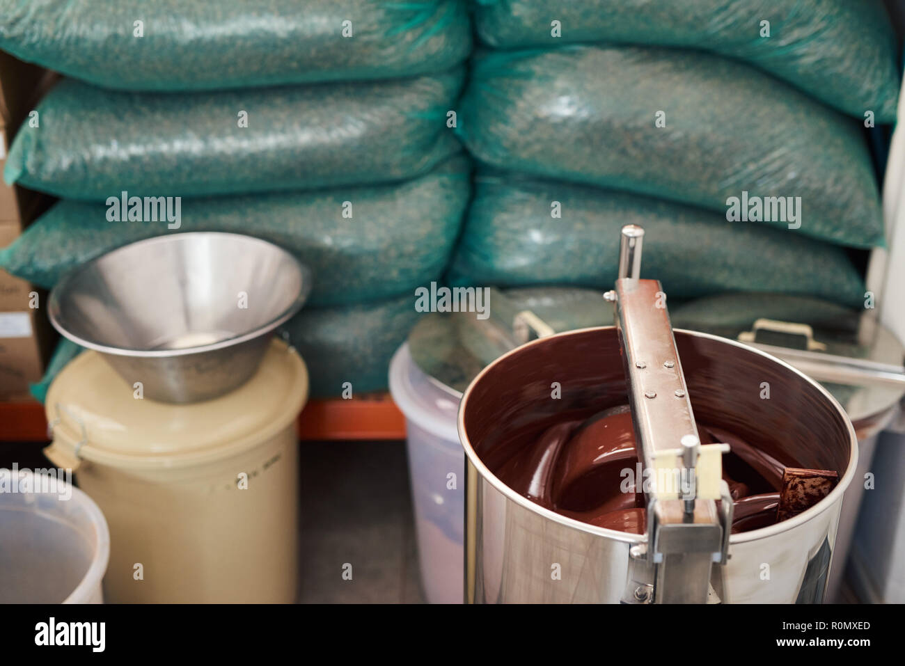 Various ingredients inside of an artisanal chocolate making factory ...