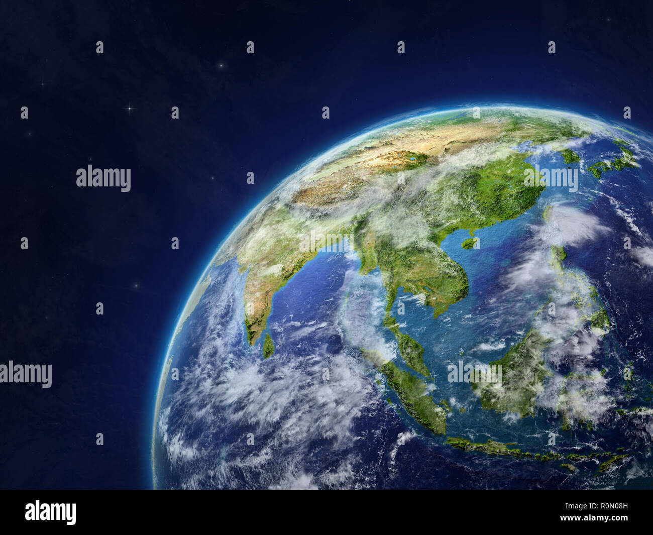 Asia on model of planet Earth with very detailed planet surface and ...
