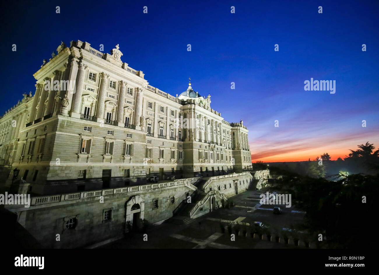 Sunset at the Royal Palace of Madrid (Palacio Real de Madrid), the ...