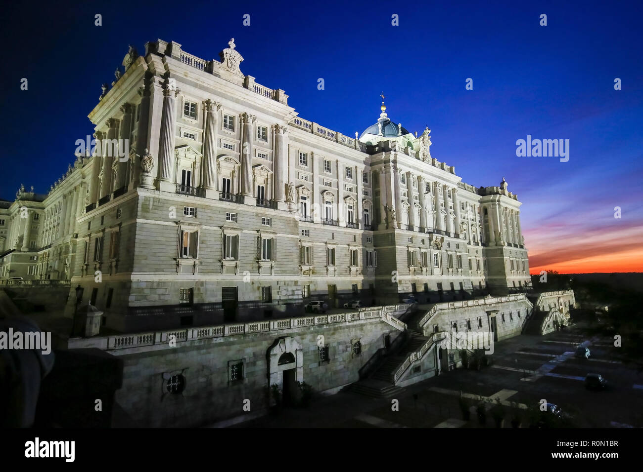 Sunset at the Royal Palace of Madrid (Palacio Real de Madrid), the ...