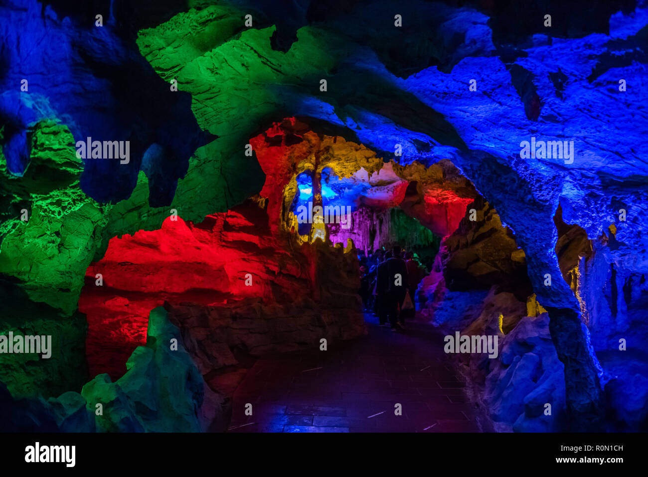 Colorful stalagtite and stalagmite in the Huanglong Cave in Zhangjiajie ...